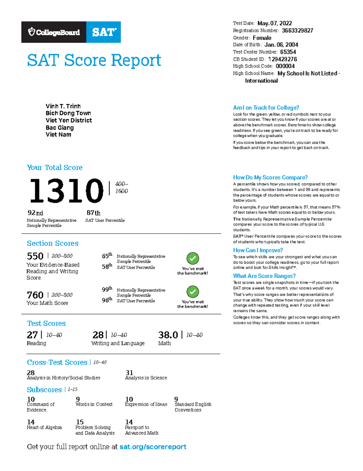 SAT Student Score Report - SAT Score Report Am I on Track for College ...