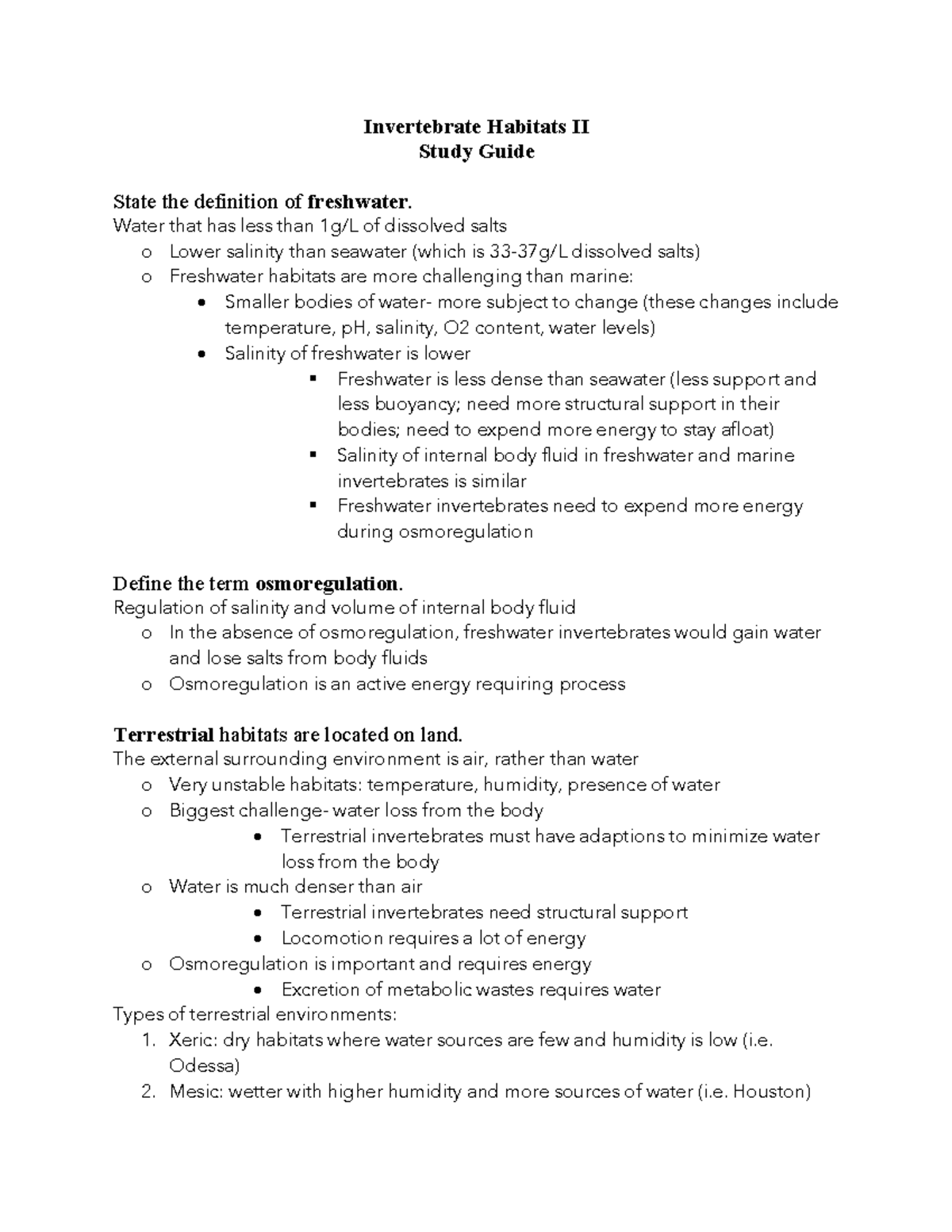 Habitats 2 - Invertebrate Habitats II Study Guide State the definition ...