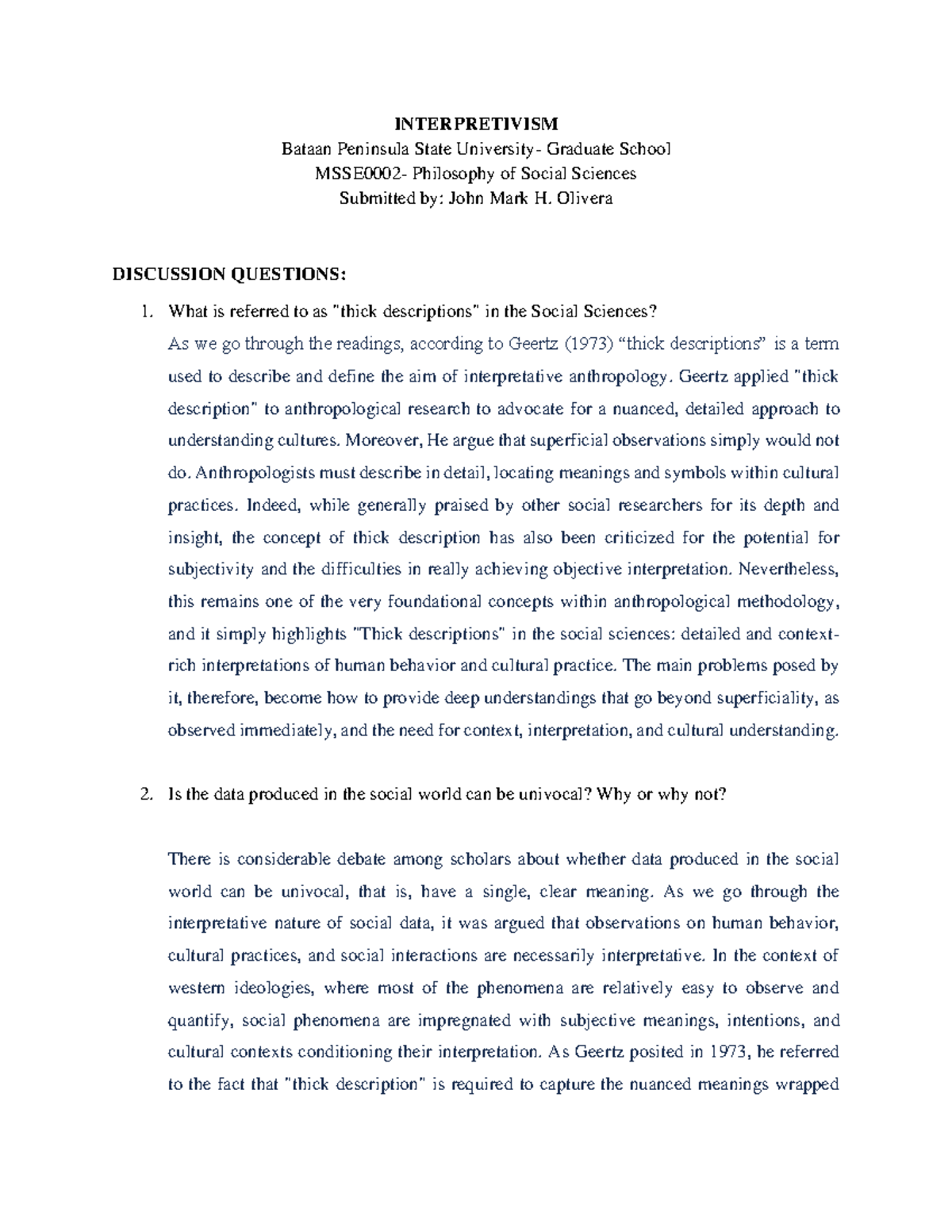 Interpretivism- JOHN MARK Olivera - INTERPRETIVISM Bataan Peninsula ...