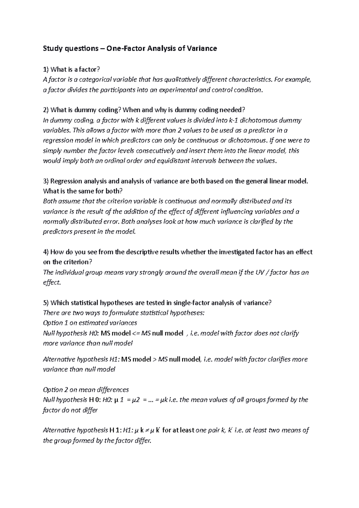 Study questions 18 - One factor ANOVA - Study questions – One-Factor ...