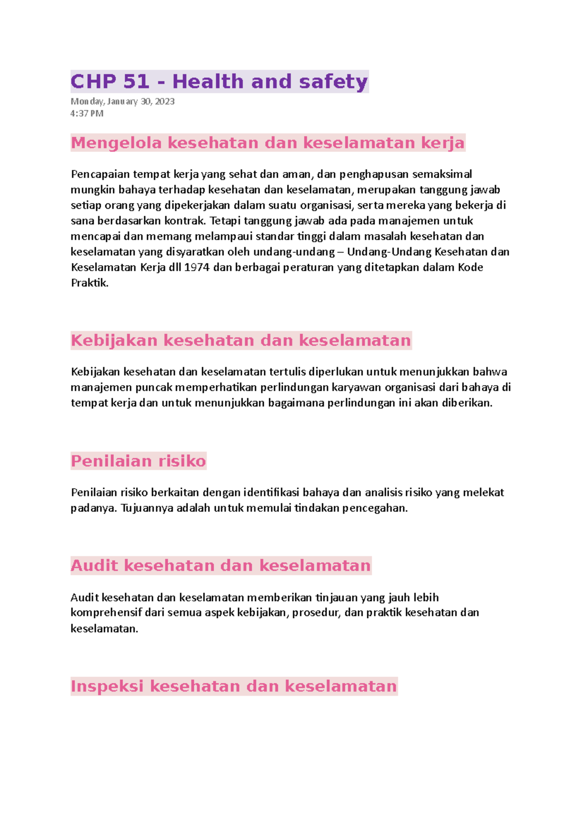 Summary_CHP 51 - Health and safety - CHP 51 - Health and safety Monday ...