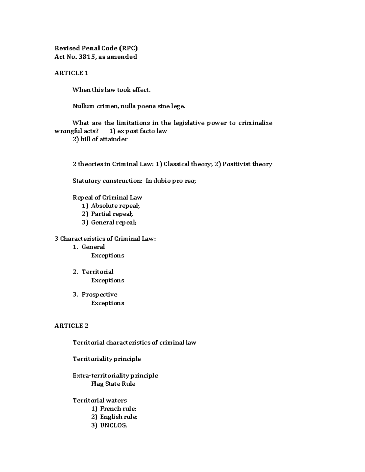 Crim Law 1 Study Guide - this might help - Revised Penal Code (RPC) Act ...