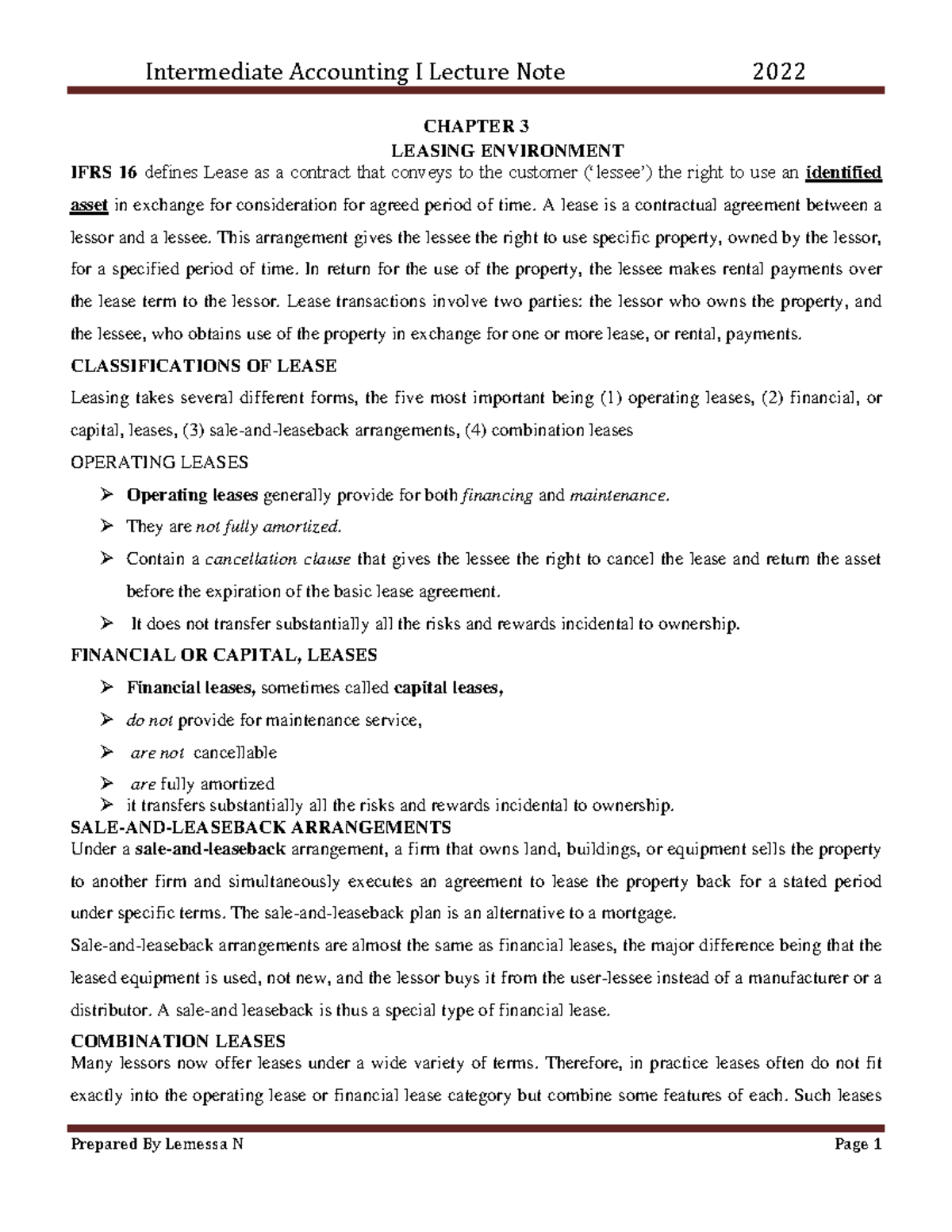 Chapter 3 lease - note - CHAPTER 3 LEASING ENVIRONMENT IFRS 16 defines ...