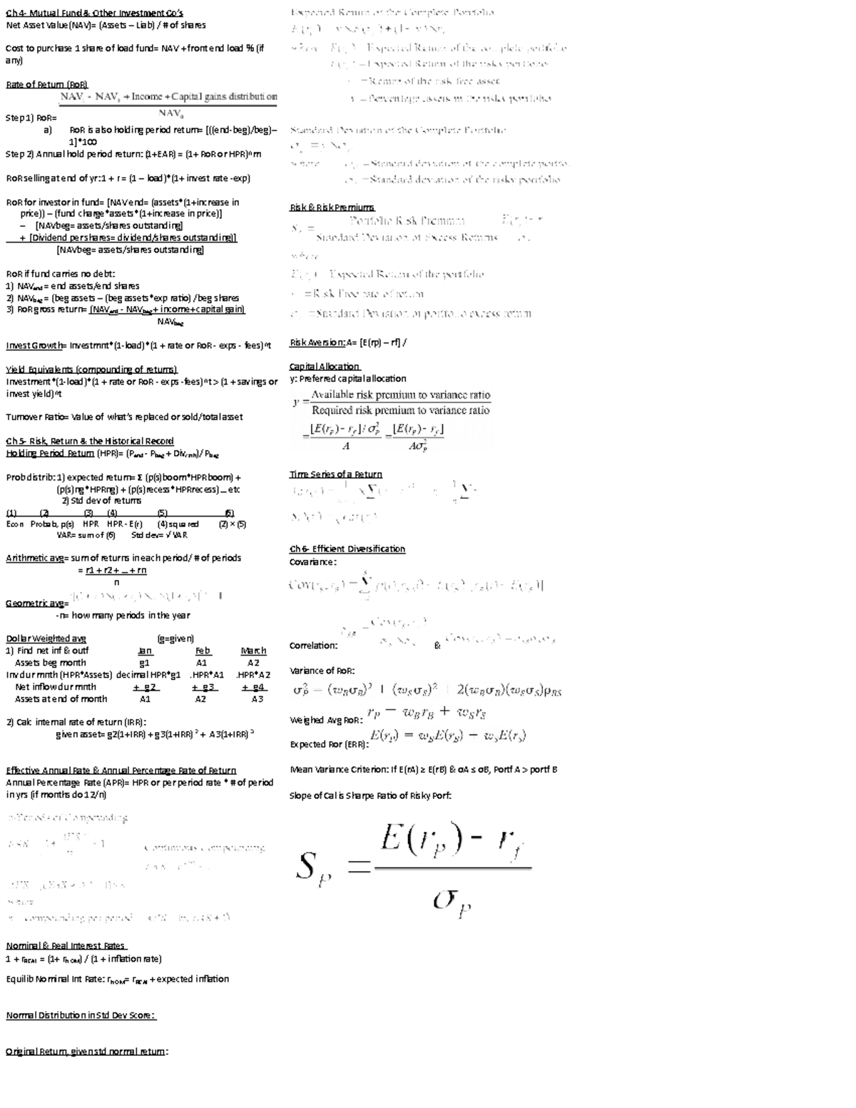 FIN 4600- Exam 1 Cheat Sheet- Robert Uptegraff - Ch 4- Mutual Fund & Other Investment Co’s Net ...