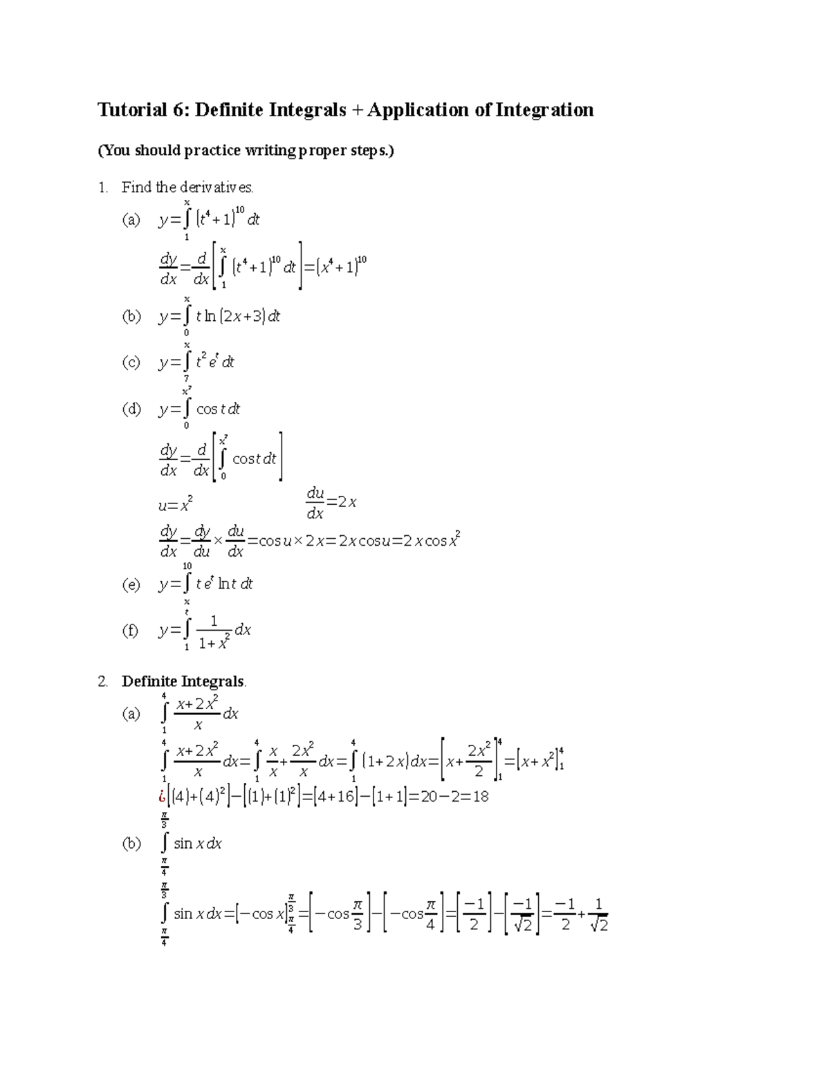 Calculus (Tutorial 06) Answer - Tutorial 6: Definite Integrals ...
