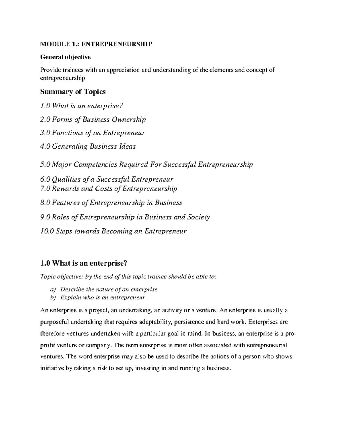 Entrepreneurship Notes - MODULE 1.: ENTREPRENEURSHIP General objective ...