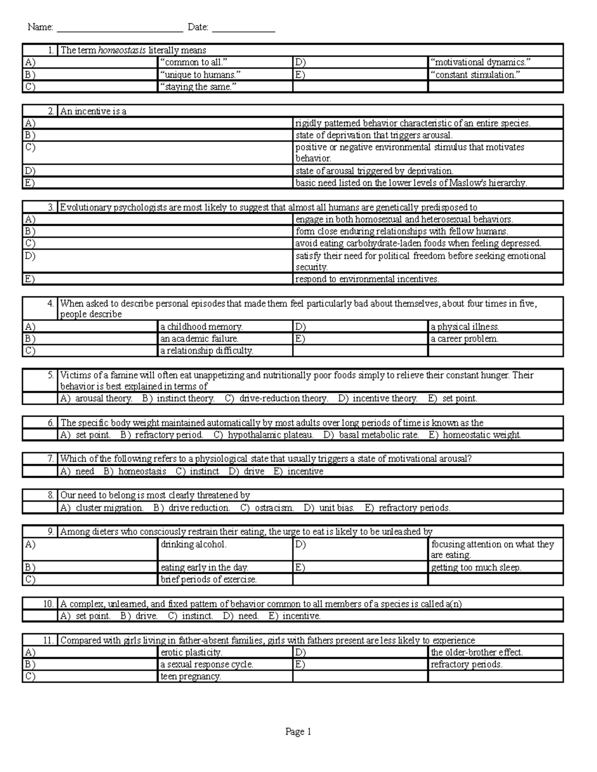 Motivation Quiz 20 Questions Practice Work Name