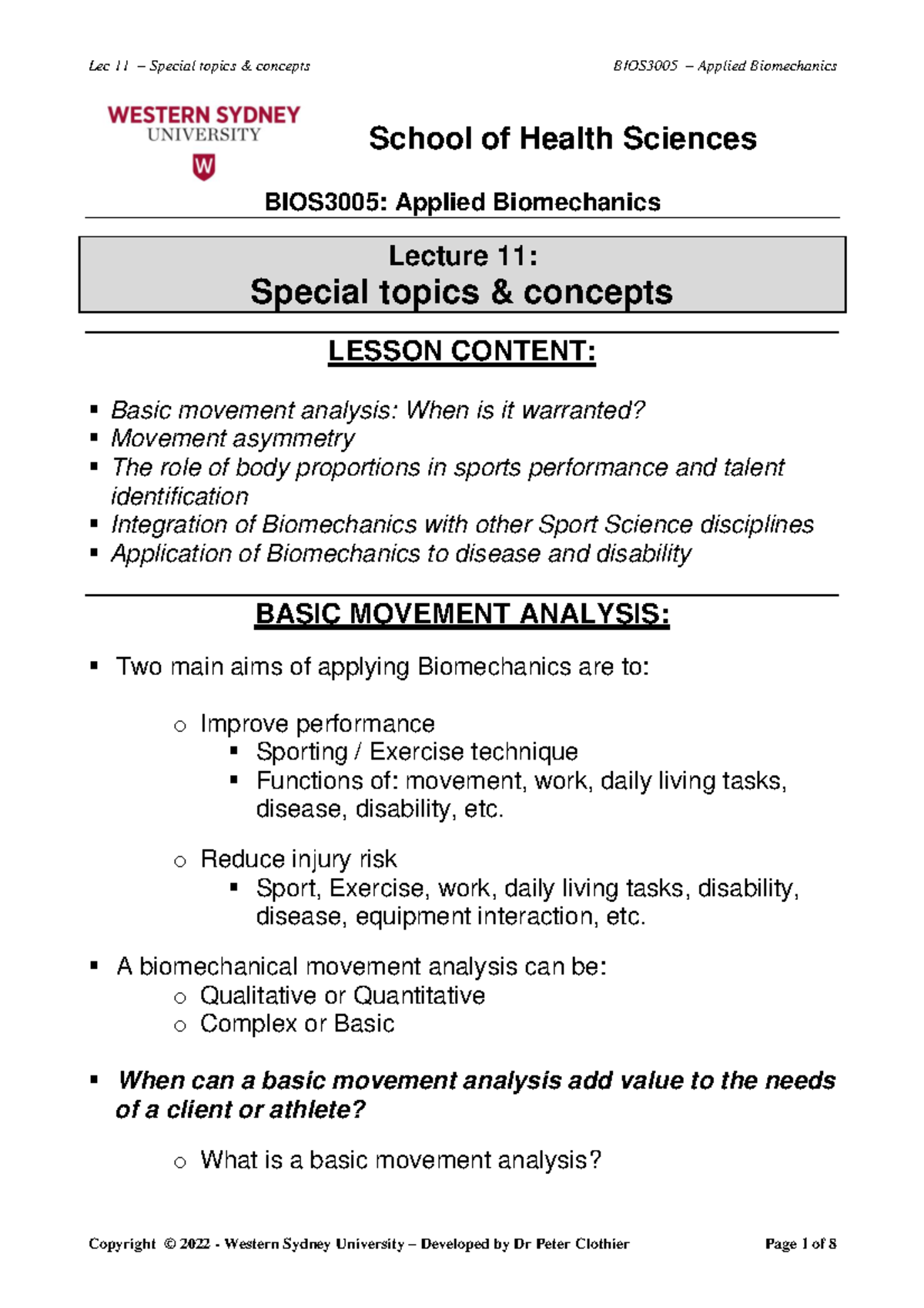 Special Topics & Concepts Lecture (11) - BIOS3005: Applied Biomechanics ...