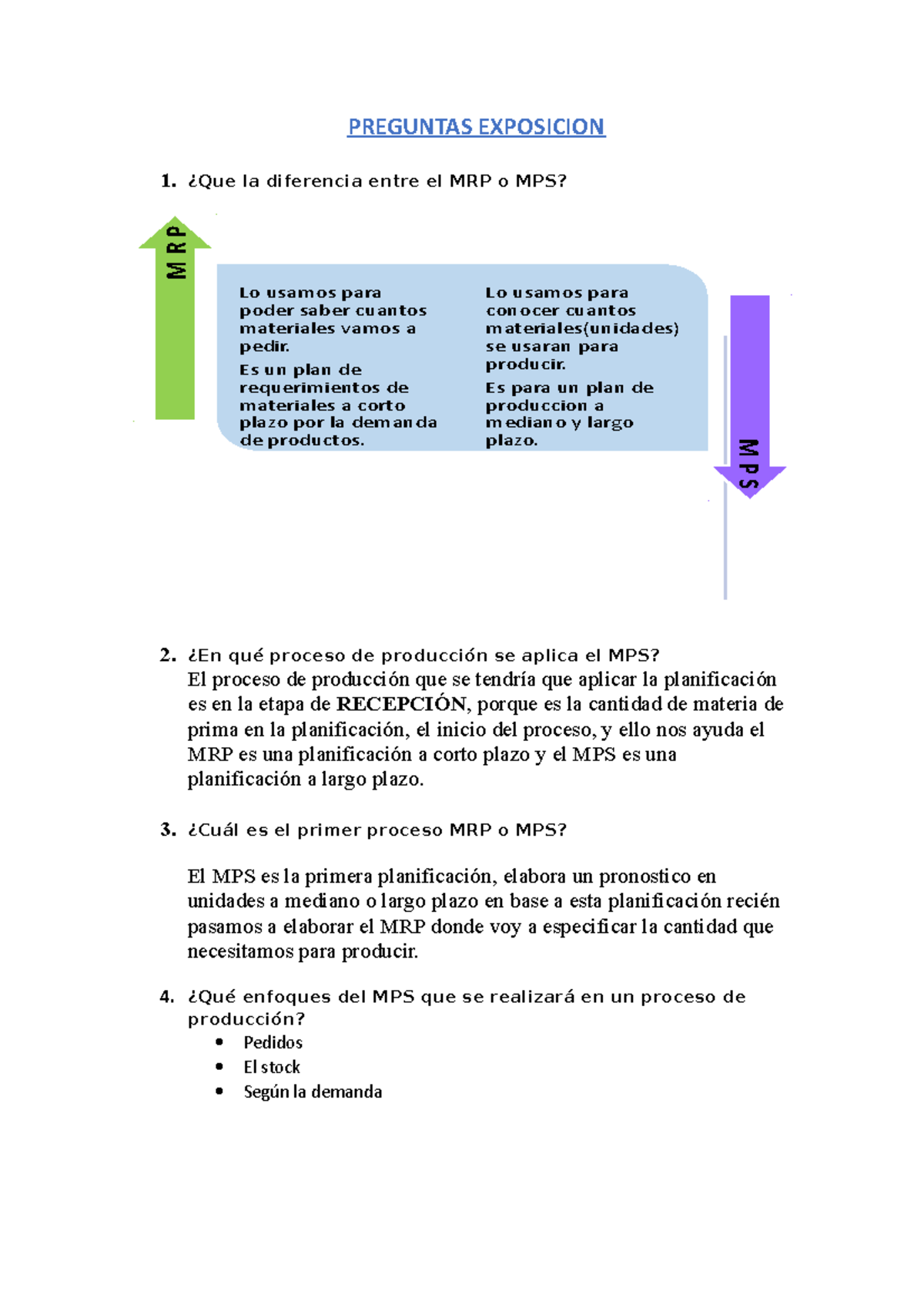 Preguntas Exposicion - MRP Y MPS - PREGUNTAS EXPOSICION 1. ¿Que la diferencia entre el MRP o MPS ...