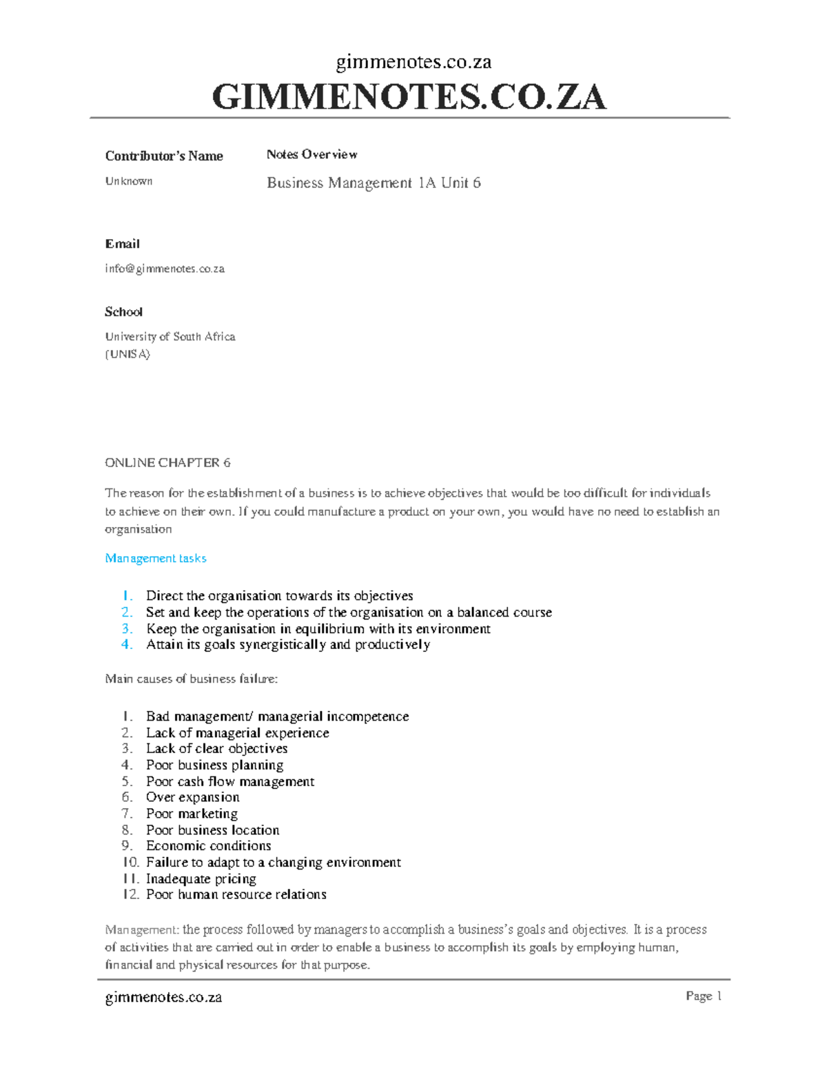 MNB1501 bbgrghjo - GIMMENOTES.CO Notes Overview Business Management 1A ...