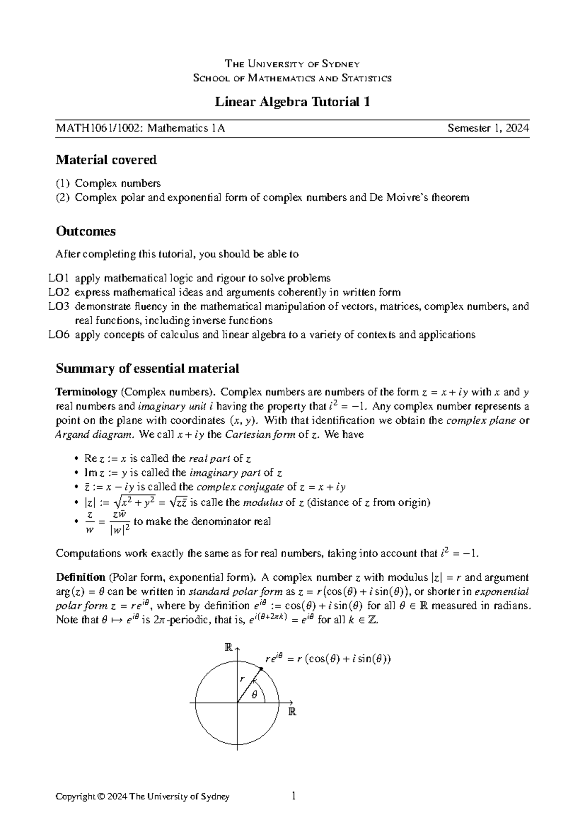 Linear algebra tutorial 1 - The University of Sydney School of ...
