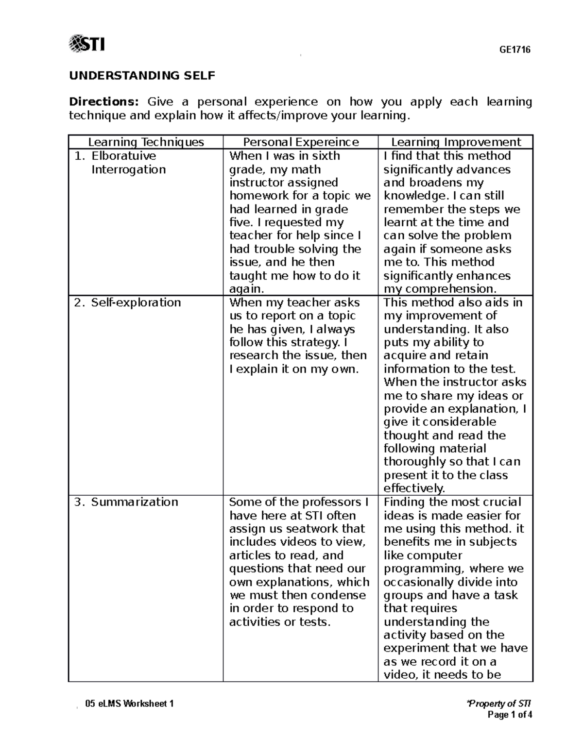 05 e LMS Worksheet 1(5) - UNDERSTANDING SELF. - UNDERSTANDING SELF ...