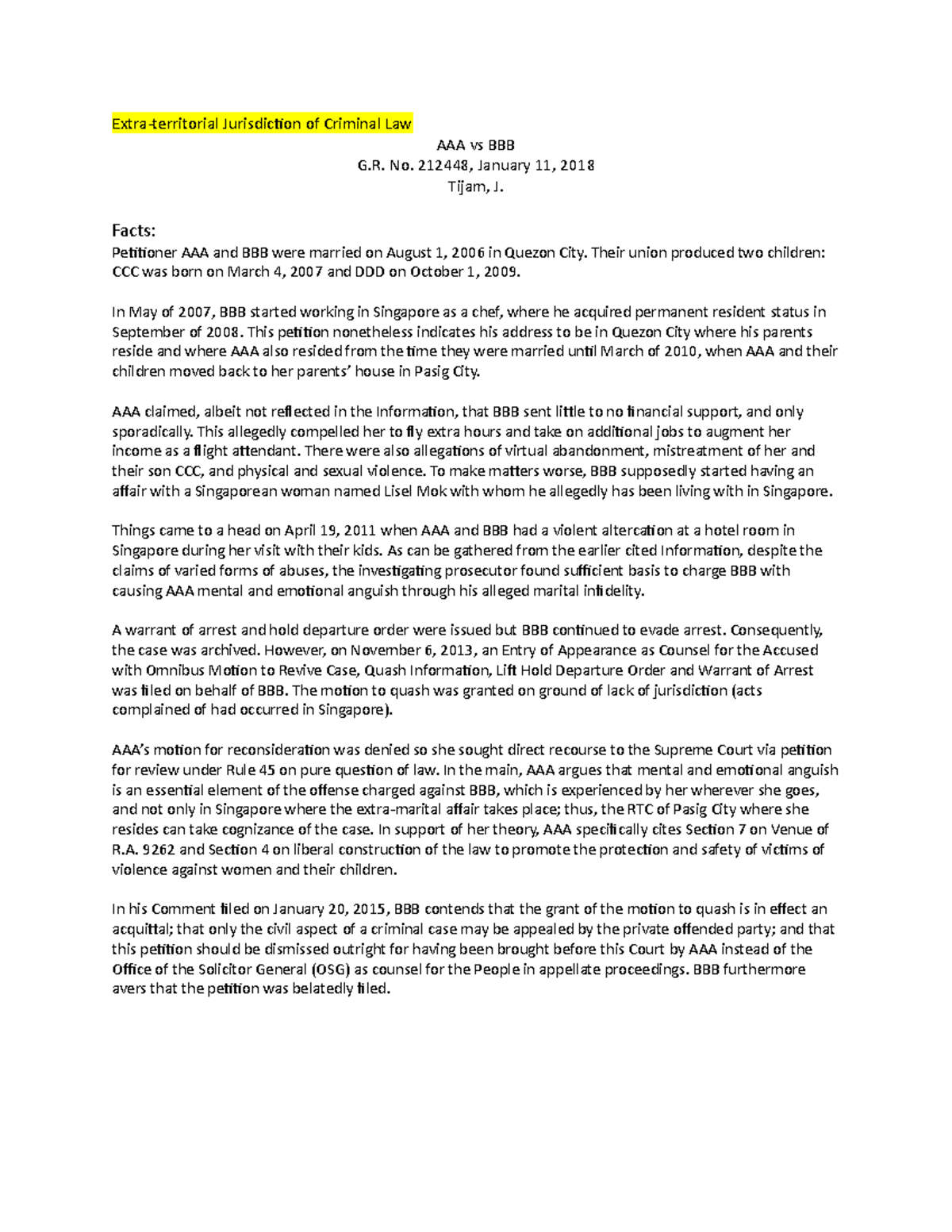 Digest AAA vs BBB - Extra-territorial Jurisdiction of Criminal Law AAA ...