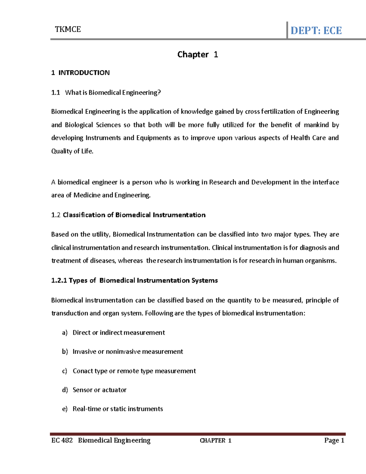 Bio - Chapter 1 1 INTRODUCTION 1 What is Biomedical Engineering ...