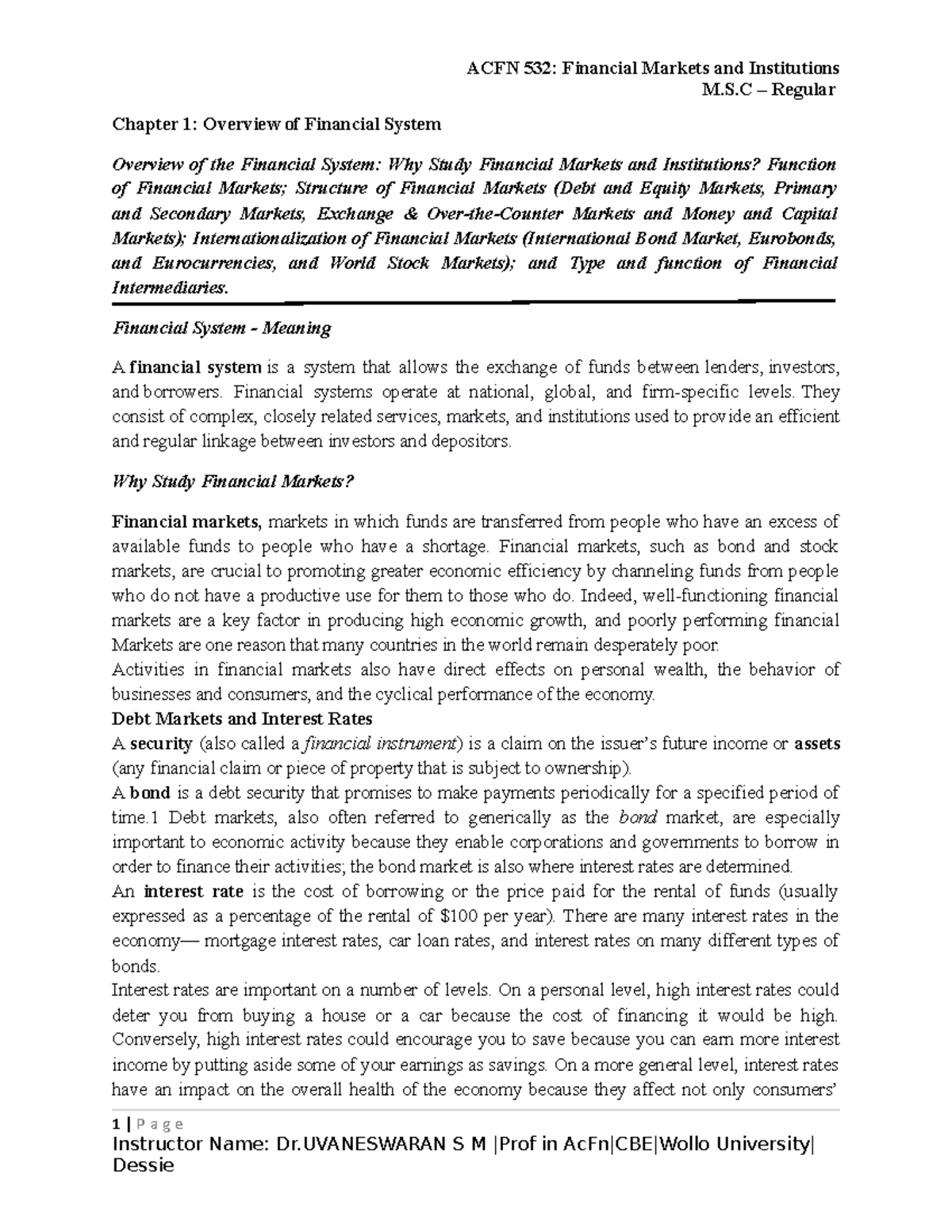 Chapter 1 overview of Financial System - M.S – Regular Chapter 1 ...
