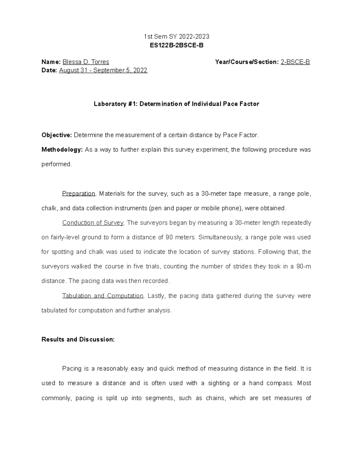 Laboratory #1 Dertermination of Individual's Pace Factor - 1st Sem SY ...