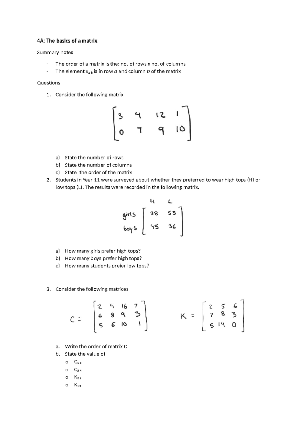 Matrices booklet - 4A: The basics of a matrix Summary notes - The order ...