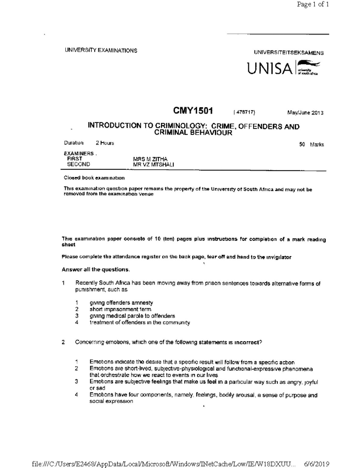 Exam 13 May 2013, questions - CMY1501 - Page 1 of 1 - Studocu