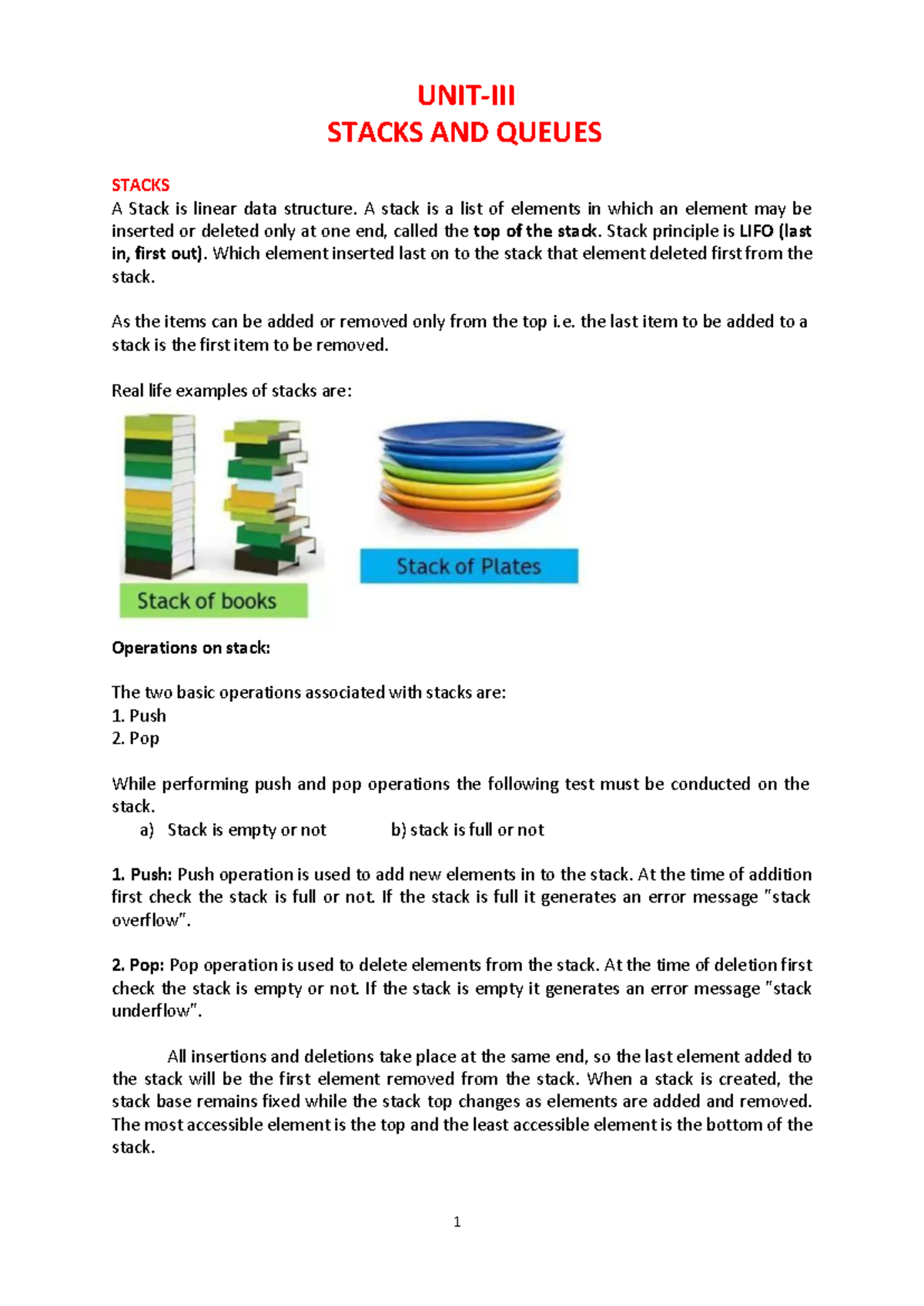 UNIT 3 - Bca - UNIT-III STACKS AND QUEUES STACKS A Stack is linear data structure. A stack is a ...