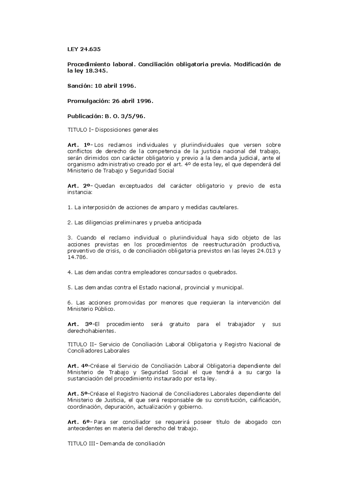 LEY 24635 ( Seclo) - LEY 24. Procedimiento laboral. Conciliación ...