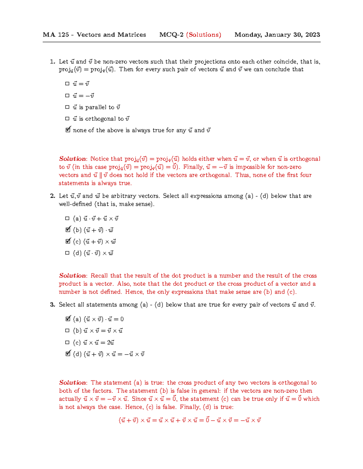 Mcq 2 Solution Professor Denis Serbin Ma 125 Vectors And Matrices Mcq 2 Solutions