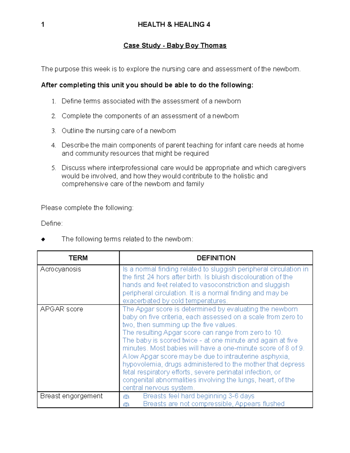 Case Study Baby Boy Thomas - Case Study - Baby Boy Thomas The purpose ...