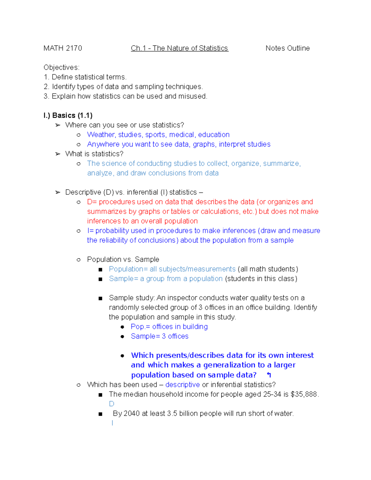 Applied Stats. Notes - MATH 2170 Ch - The Nature of Statistics Notes ...