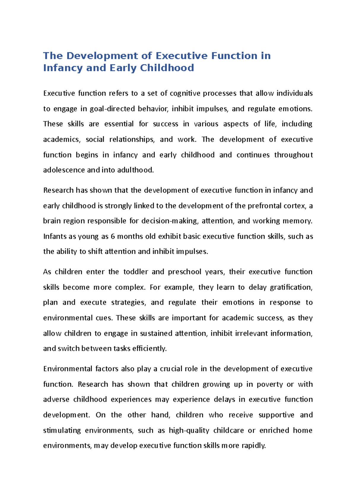 Detailed Note on The Development of Executive Function in Infancy and ...