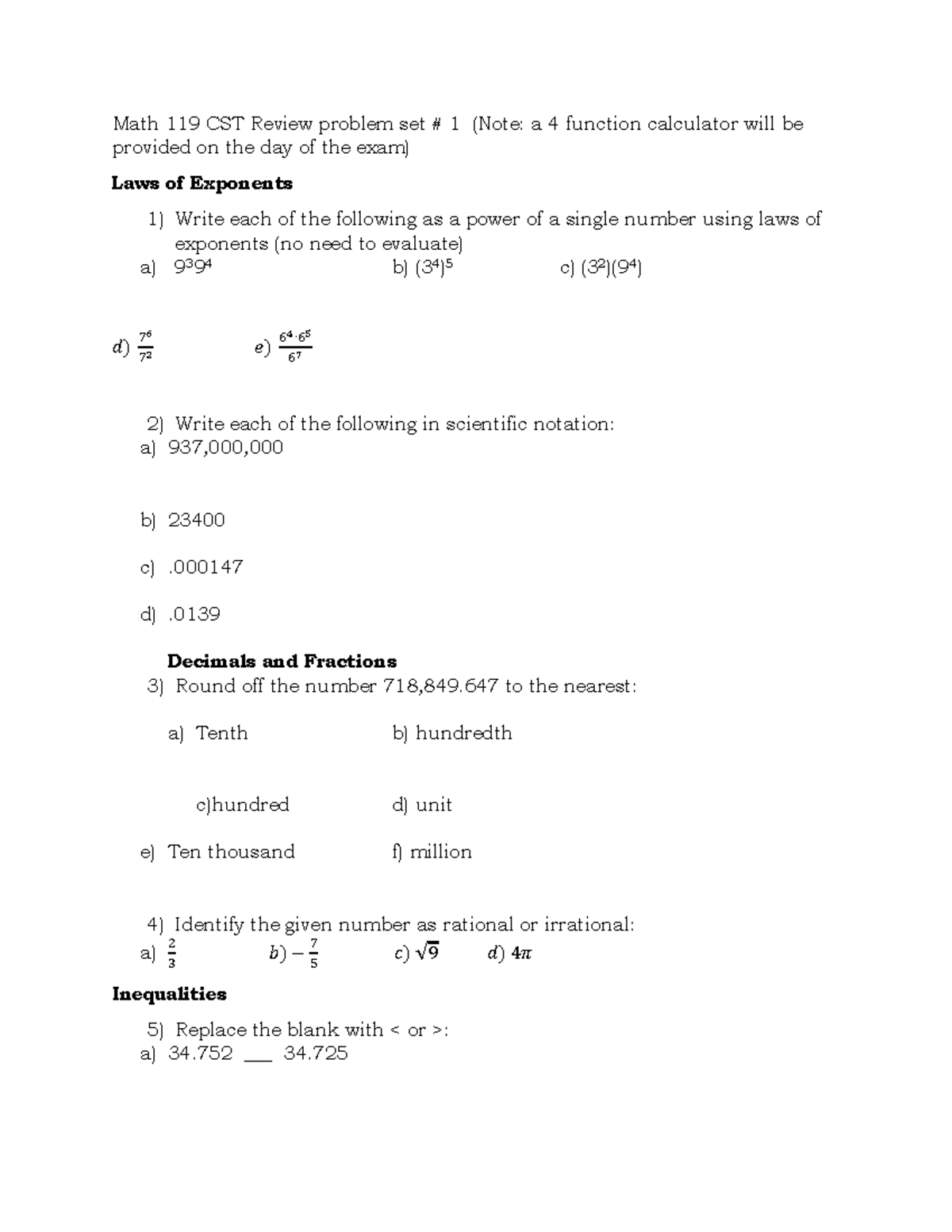 Math 119 CST Review problem set revised - Math 119 CST Review problem ...