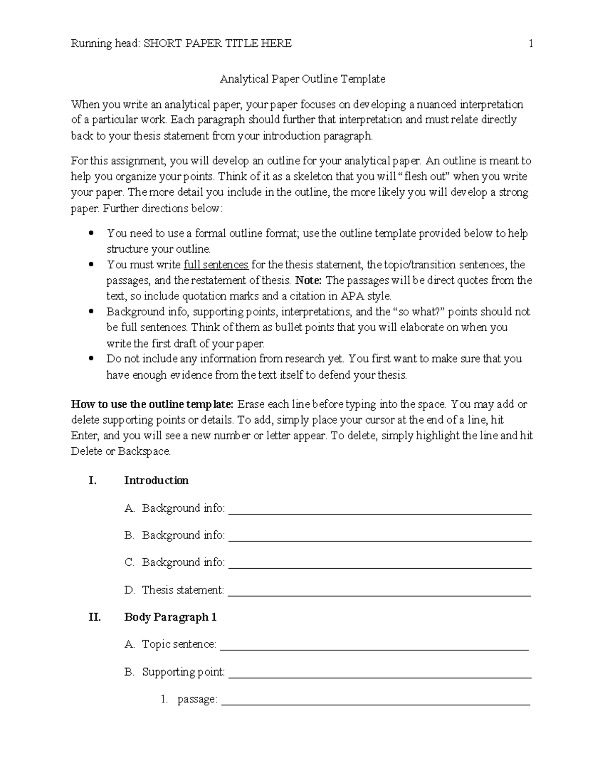 ENGL+240+Outline+Template - Running head: SHORT PAPER TITLE HERE 1 ...