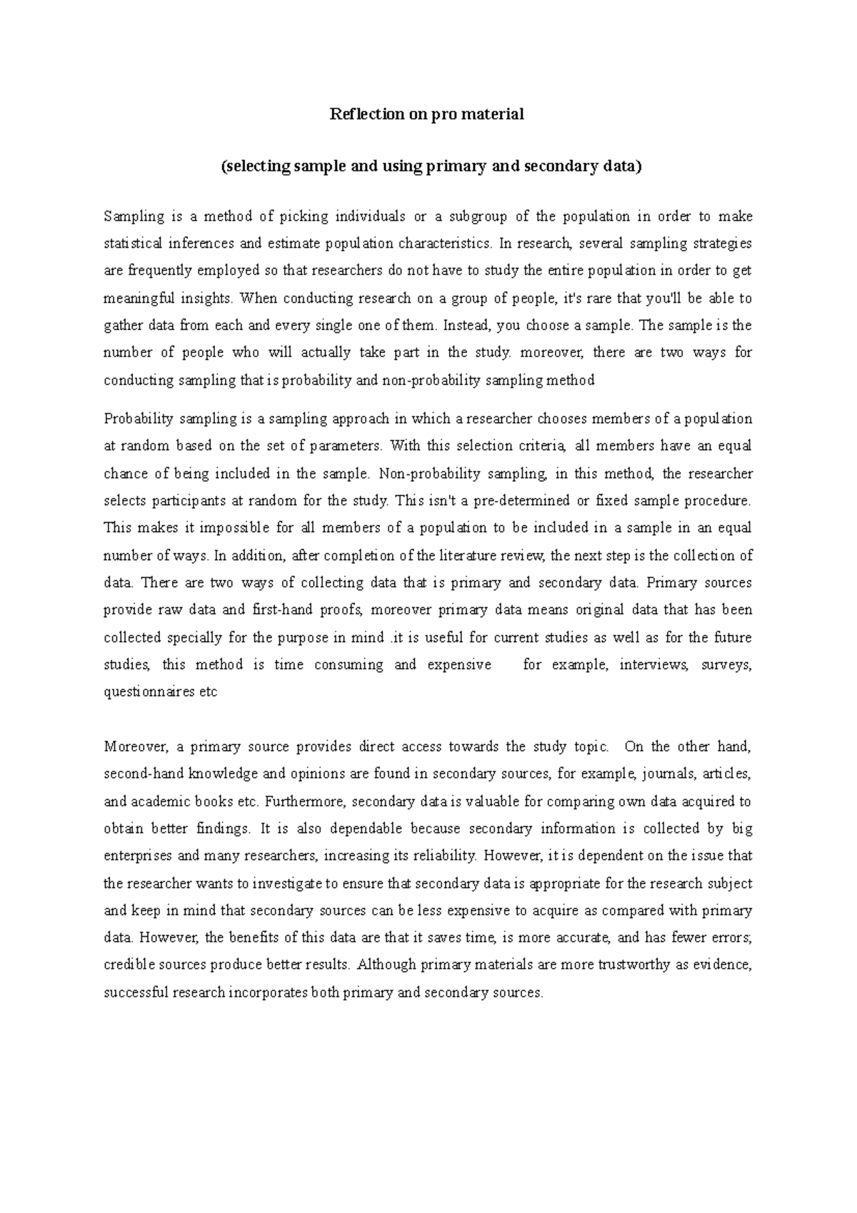 Research wekly reflection - Reflection on pro material (selecting ...
