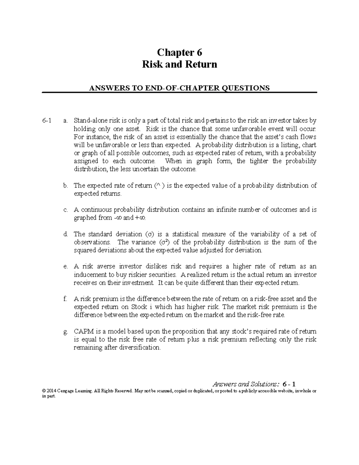 FM14e SM Ch06 - Lecture notes 6 - Chapter 6 Risk and Return ANSWERS TO ...