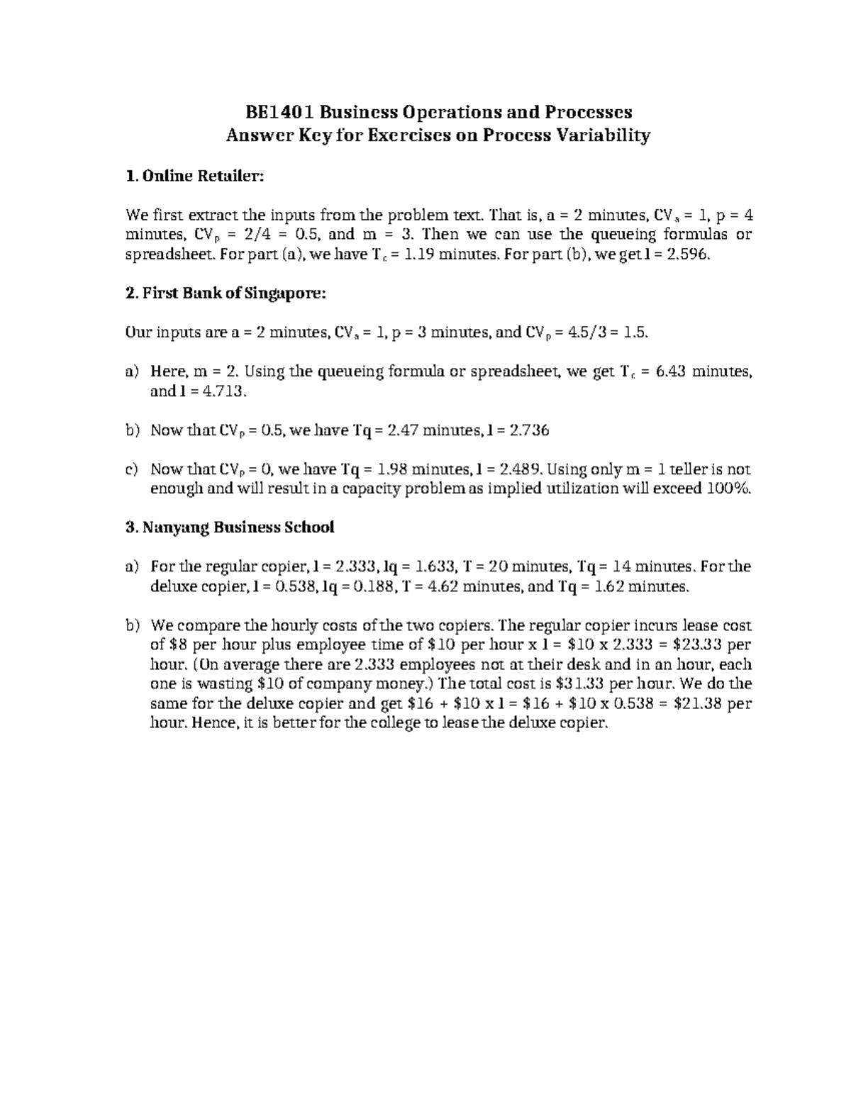 Exercises-variability-soln - BE1401 Business Operations and Processes Answer Key for Exercises ...
