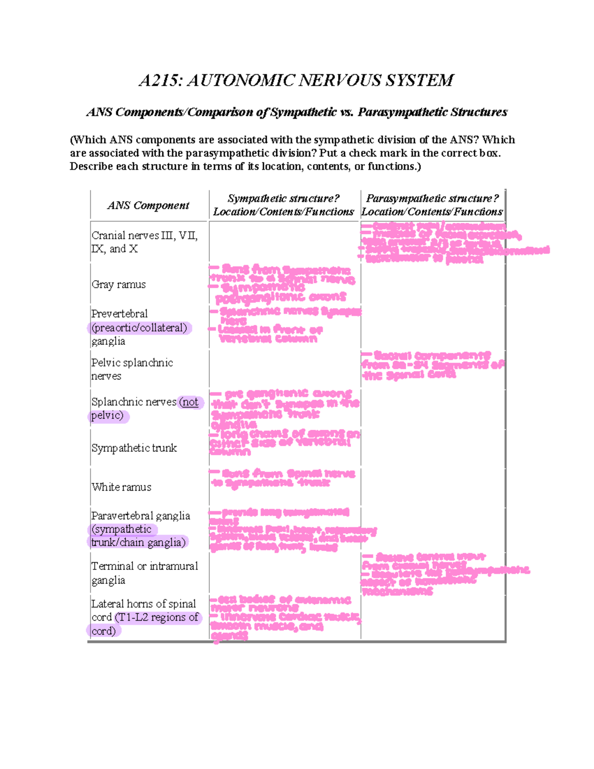 ANS components Exercise - A215: AUTONOMIC NERVOUS SYSTEM ANS Components ...
