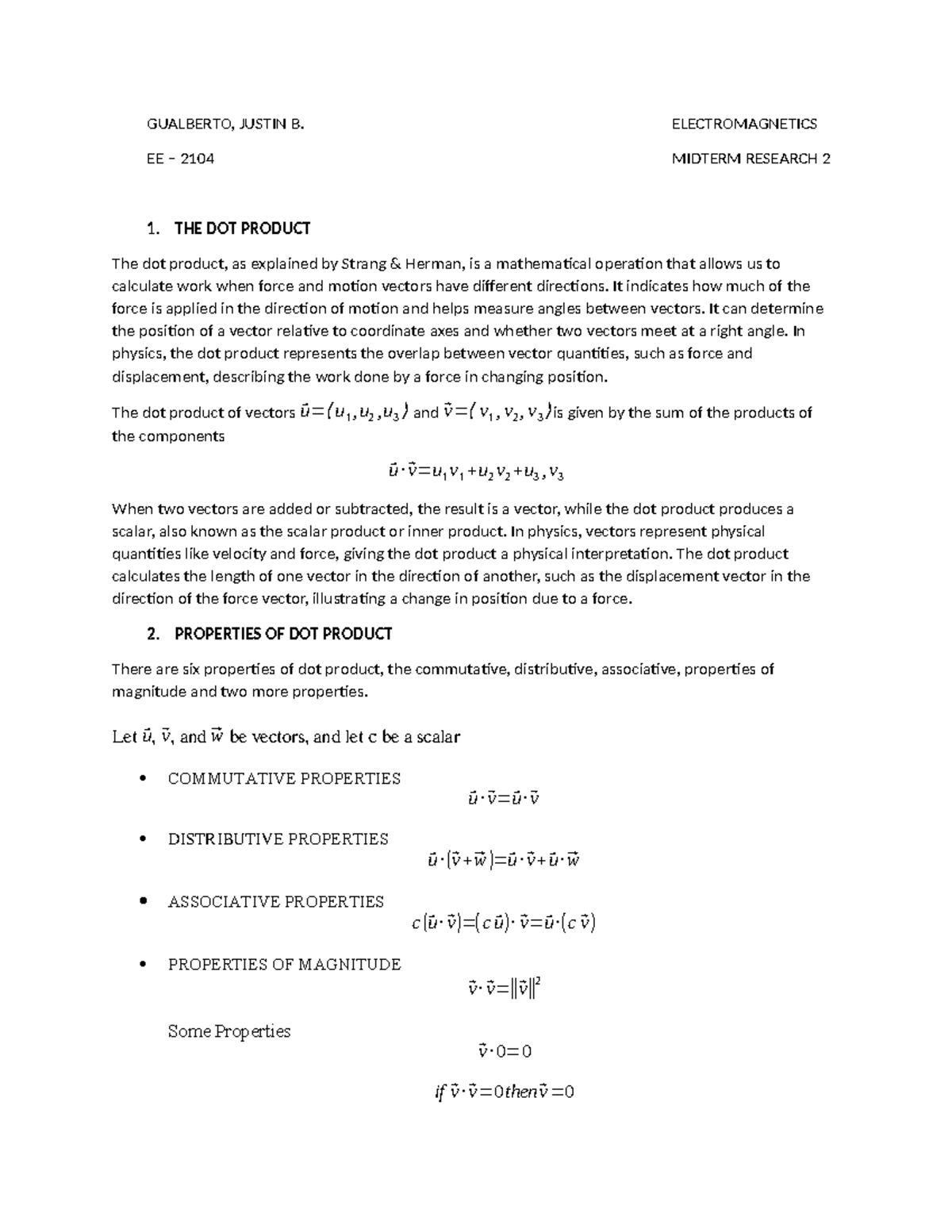 Research 2 - VECTOR ANALYSIS - GUALBERTO, JUSTIN B. ELECTROMAGNETICS EE – 2104 MIDTERM RESEARCH ...