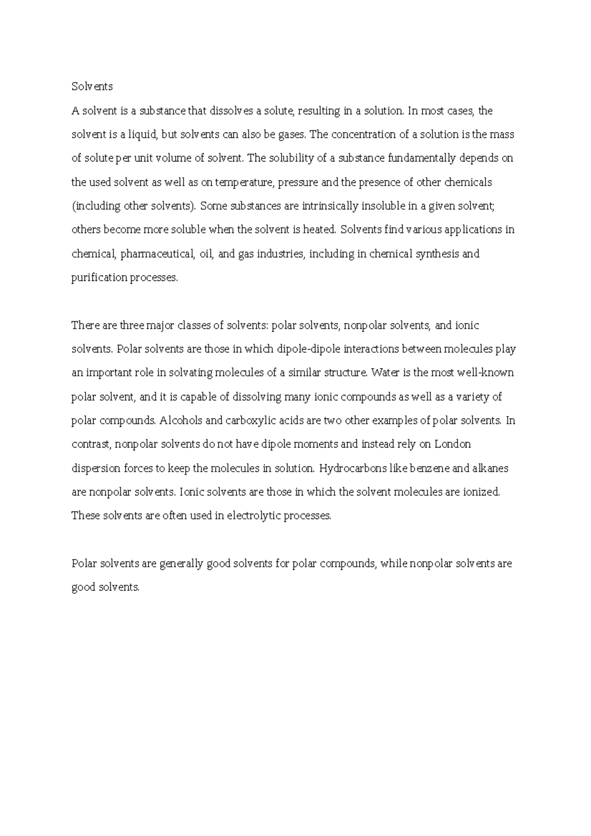 Untitled document - CHEM 101 - Solvents A solvent is a substance that dissolves a solute ...