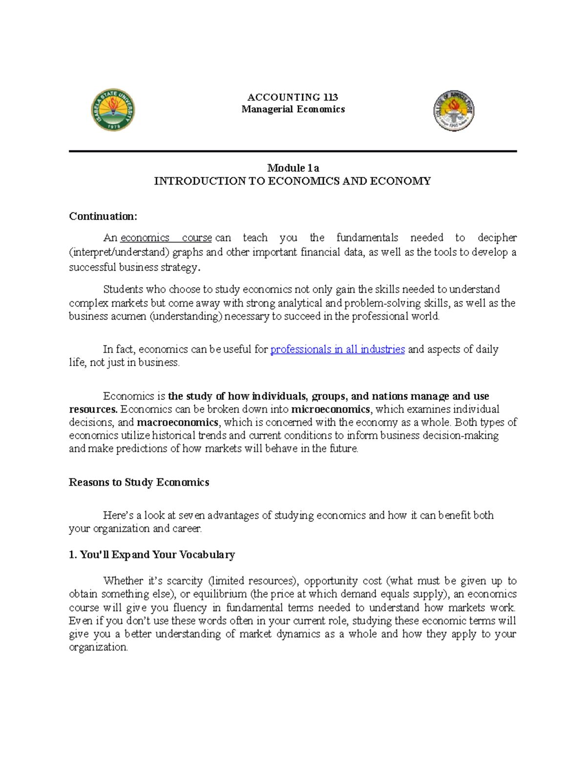 Acctng 113 Module 1a Intro to Economics Economy - ACCOUNTING 113 ...