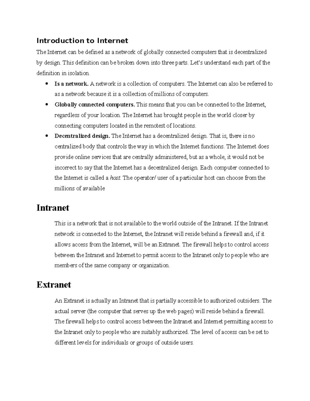 Introduction to Internet notes Final - Introduction to Internet The ...