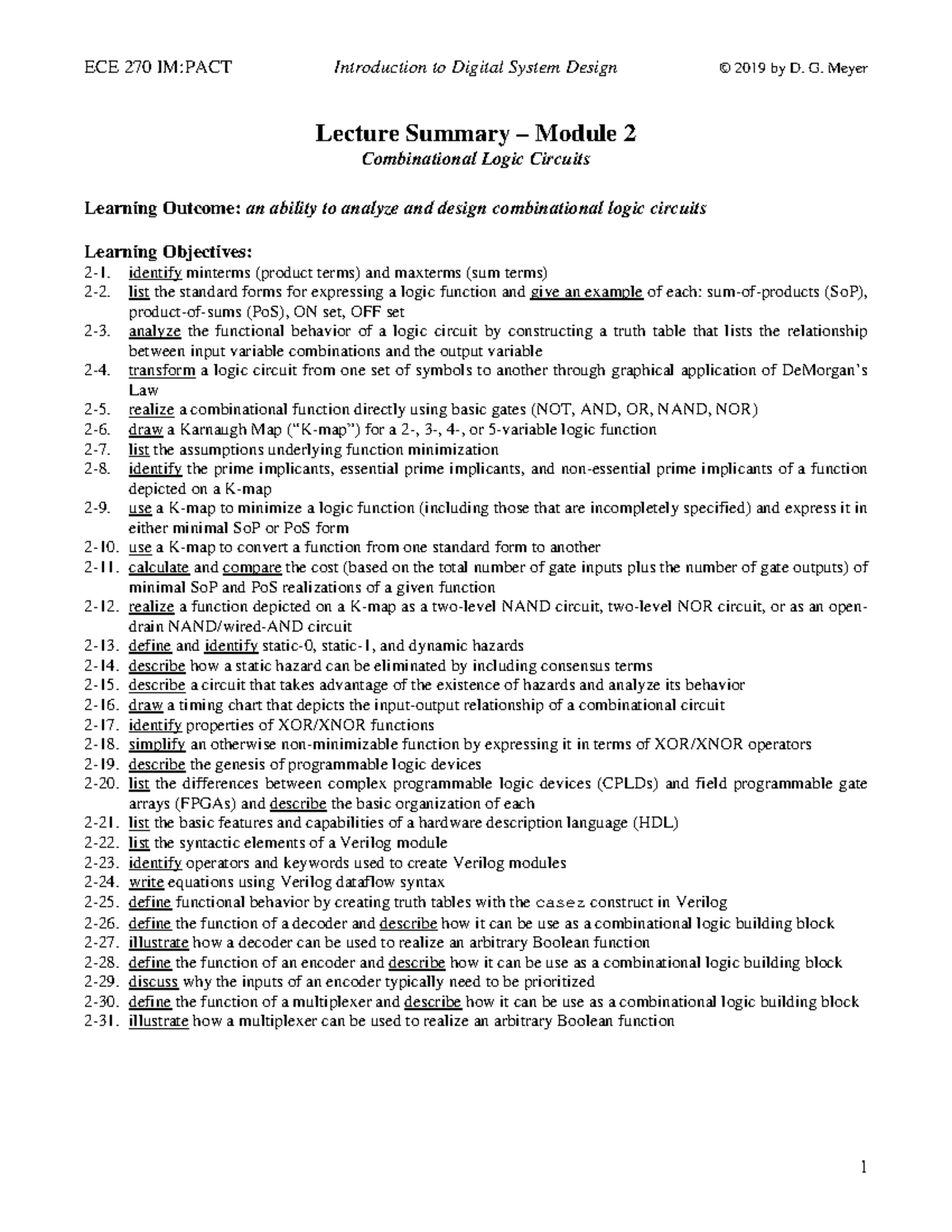 Lecture Summary – Module 2 - Lecture Summary – Module 2 Combinational Logic Circuits Learning ...