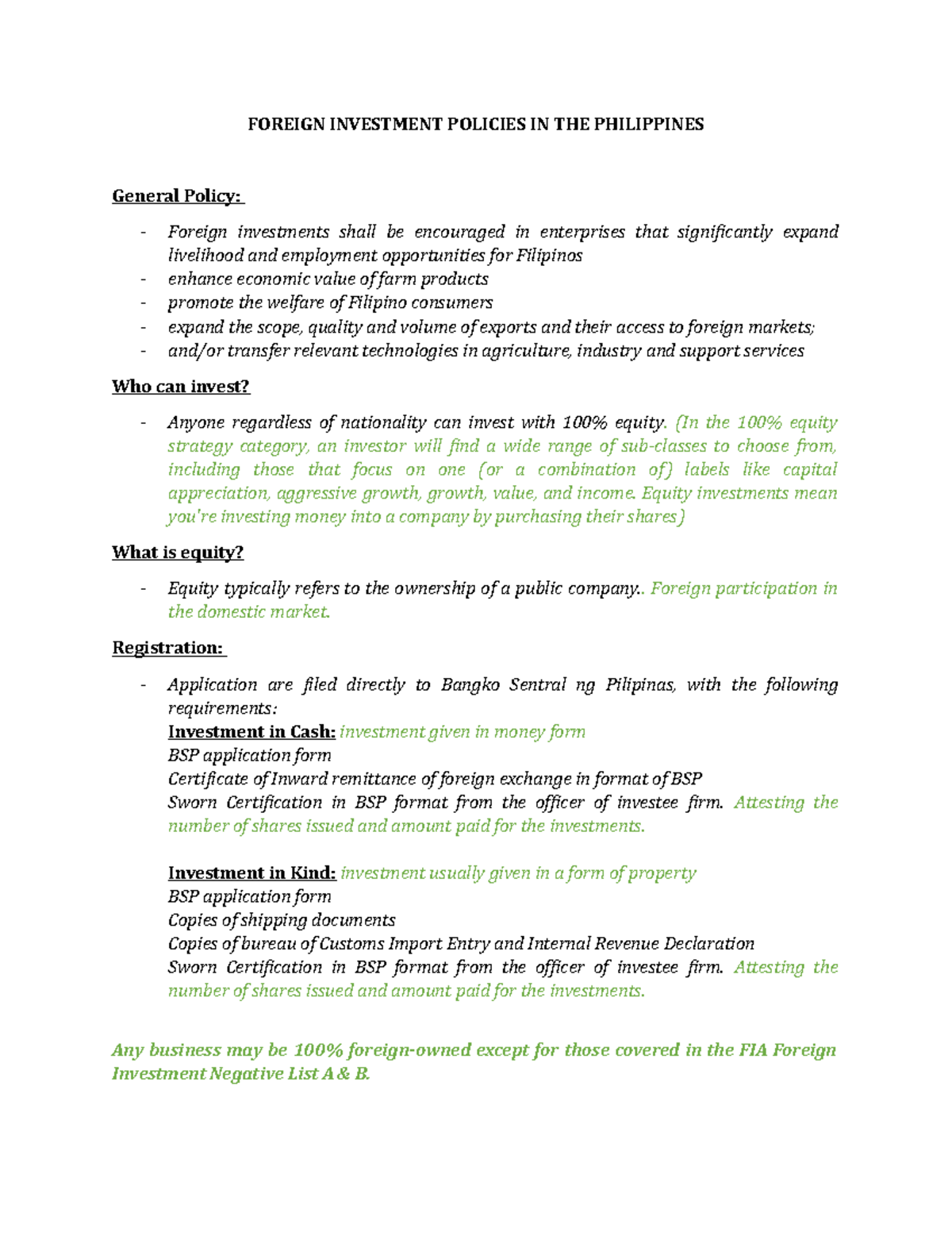 Foreign Investment Policies IN THE Philippines - FOREIGN INVESTMENT ...