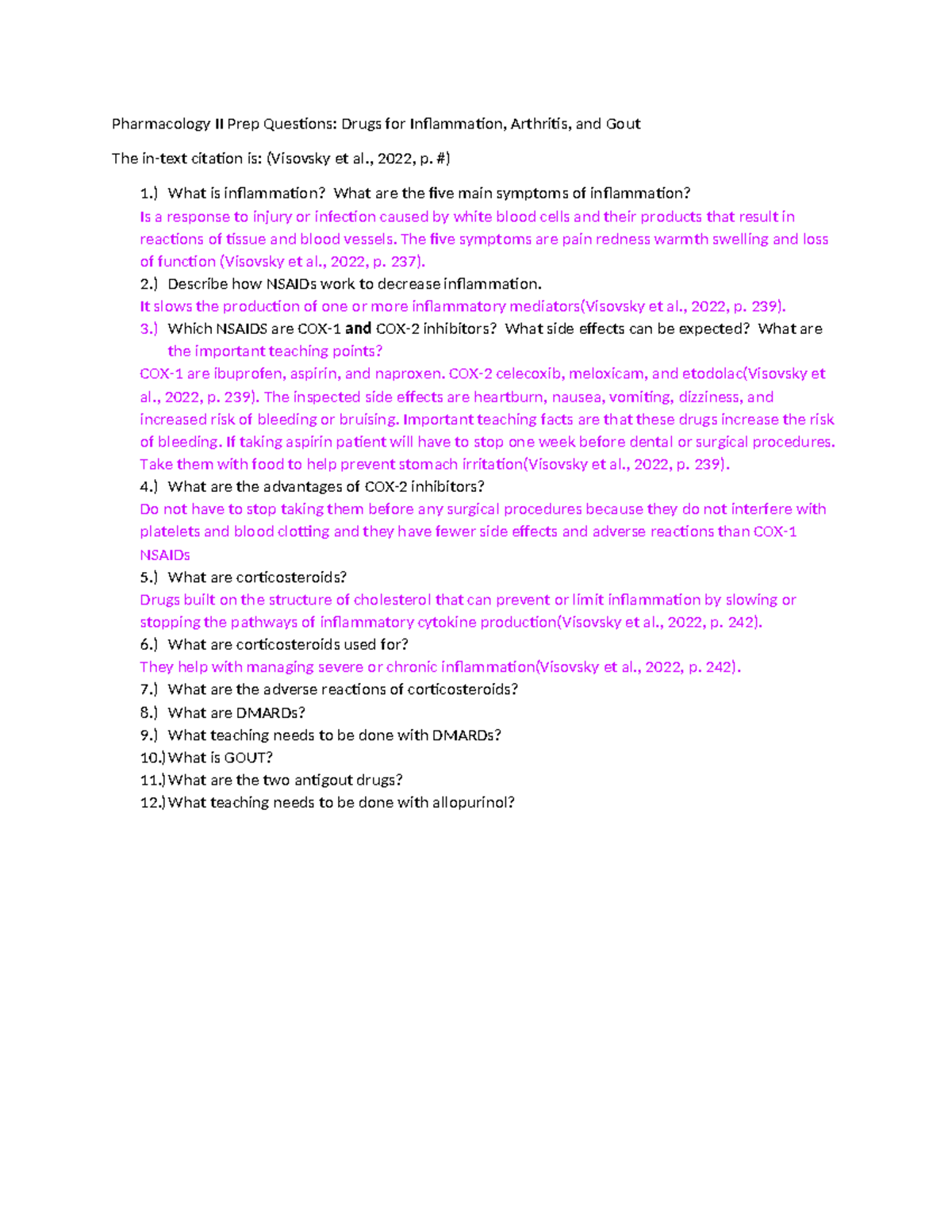 Pharmacology II Prep Questions Antiinflammatory Drugs - Pharmacology II ...