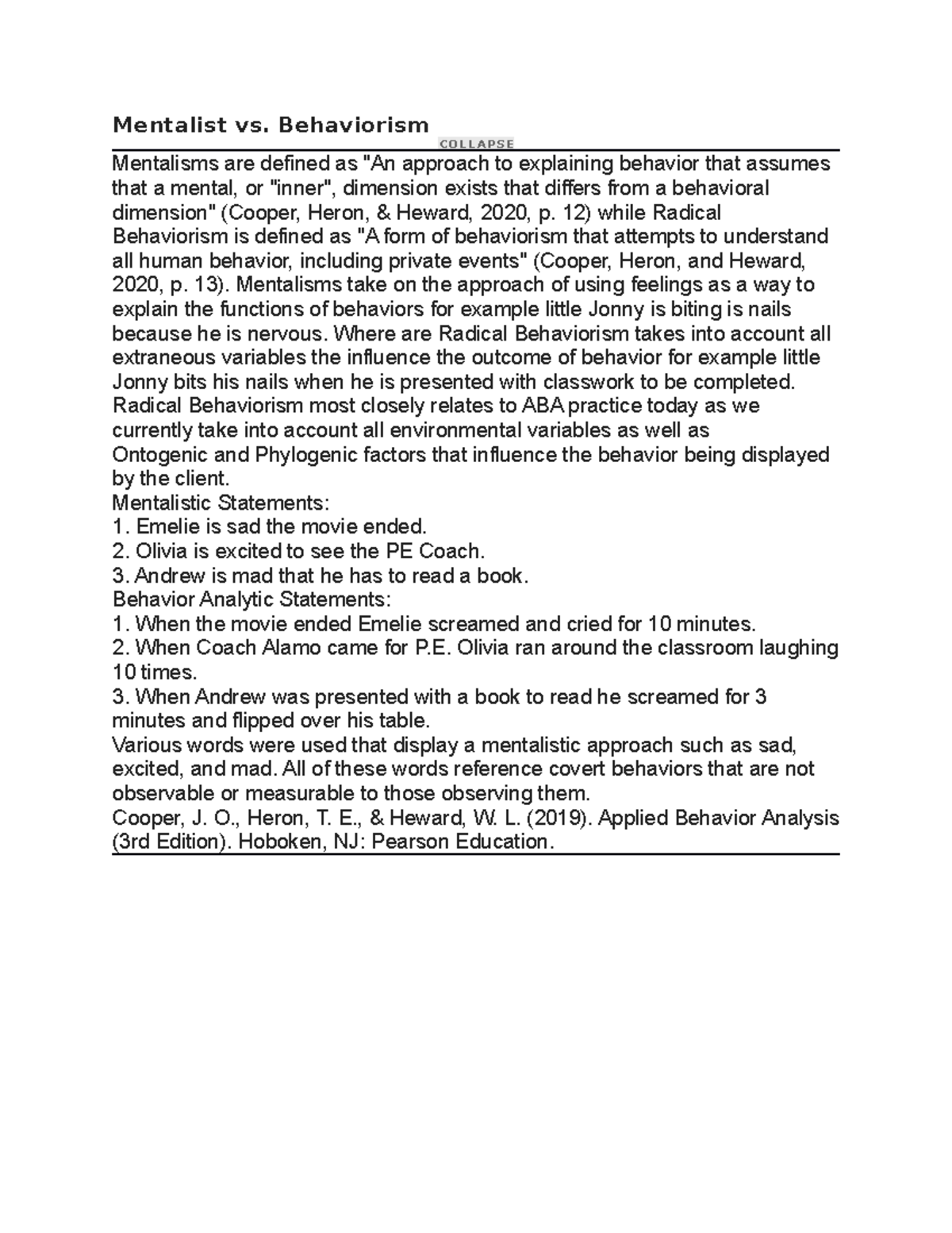 PSY 7708 U1 Discussion 1 - Mentalist vs. Behaviorism COLLAPSE ...