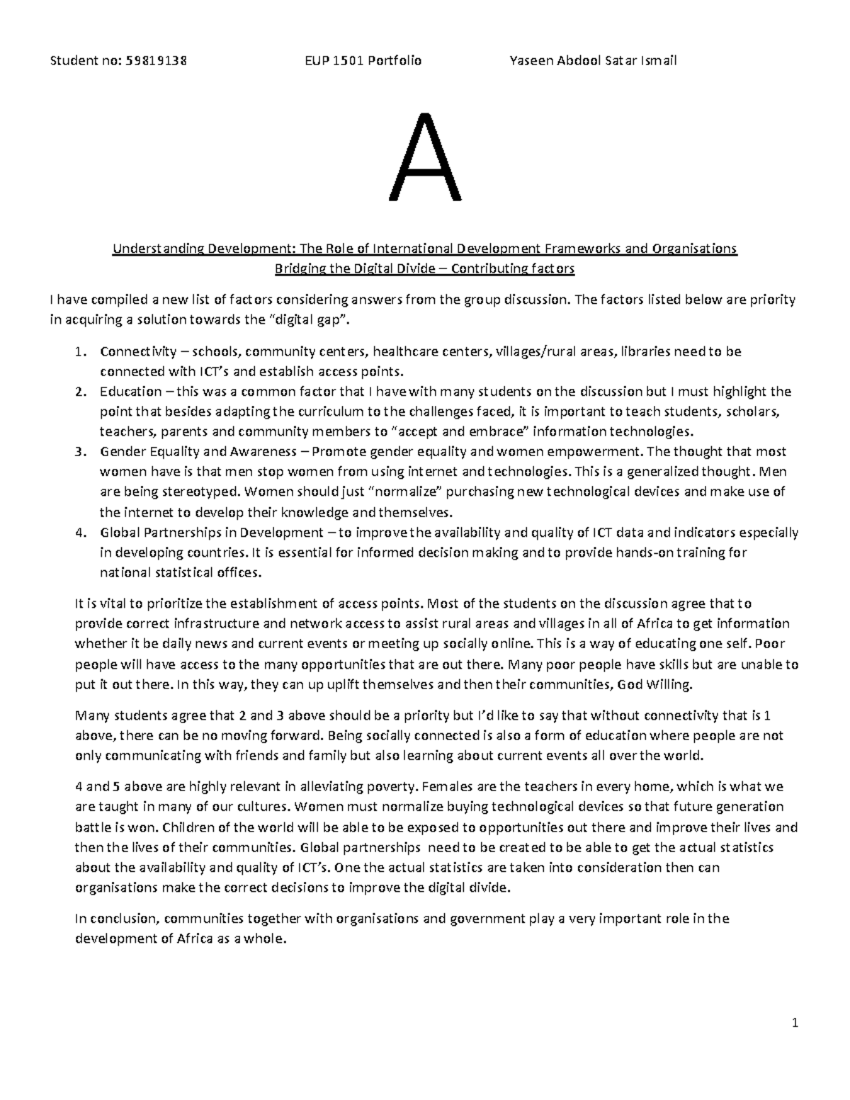 EUP 1501 Portfolio Section A B D - Student no: 59819138 EUP 1501 ...