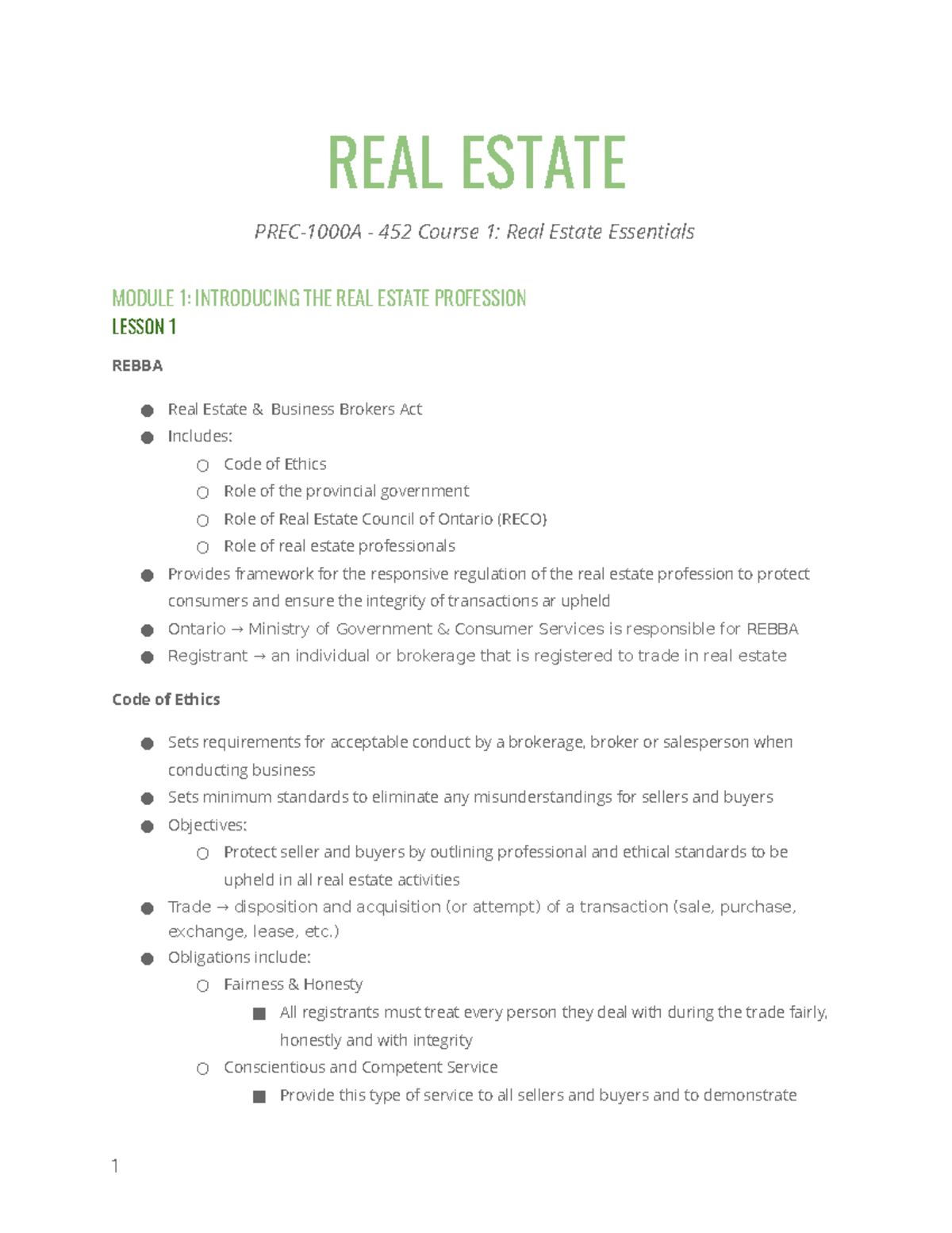 Real Estate - Course #1 - Summary of slides. - REAL ESTATE PREC-1000A ...