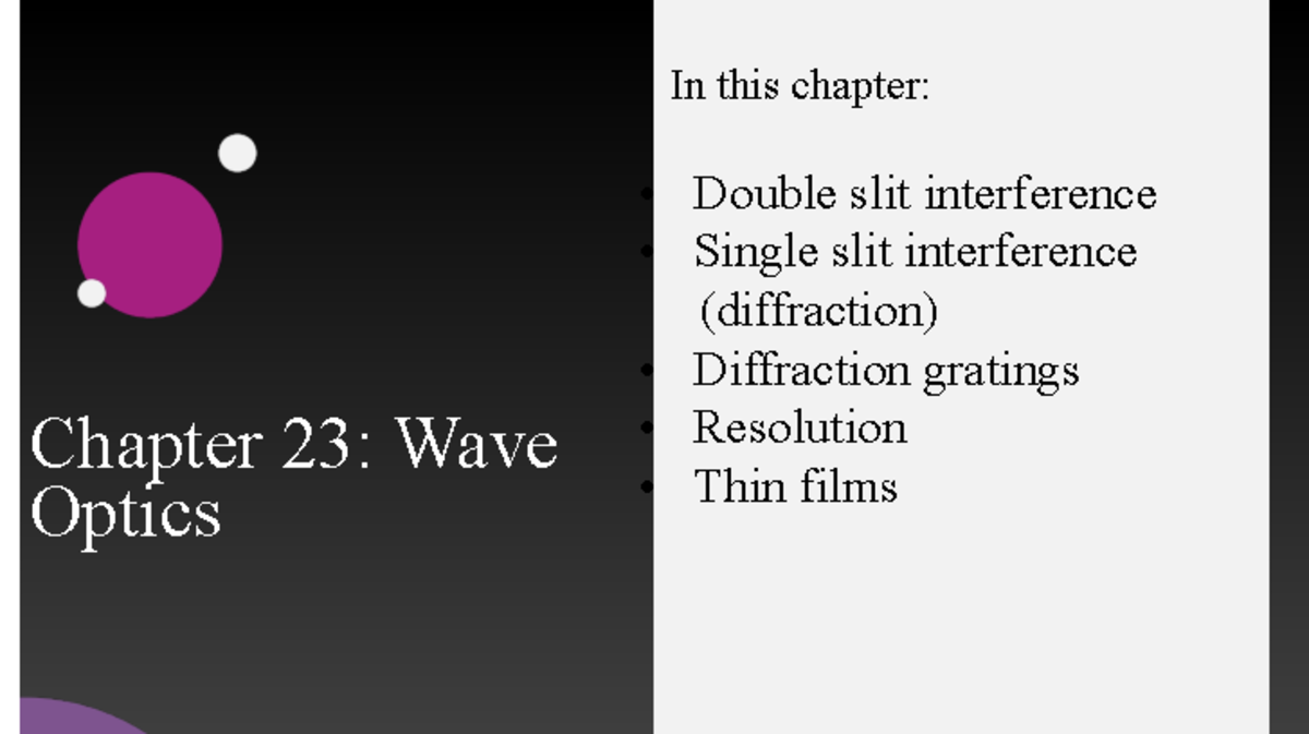 Chapter 23 - Optics - Chapter 23: Wave Optics In this chapter: Double slit interference Single ...