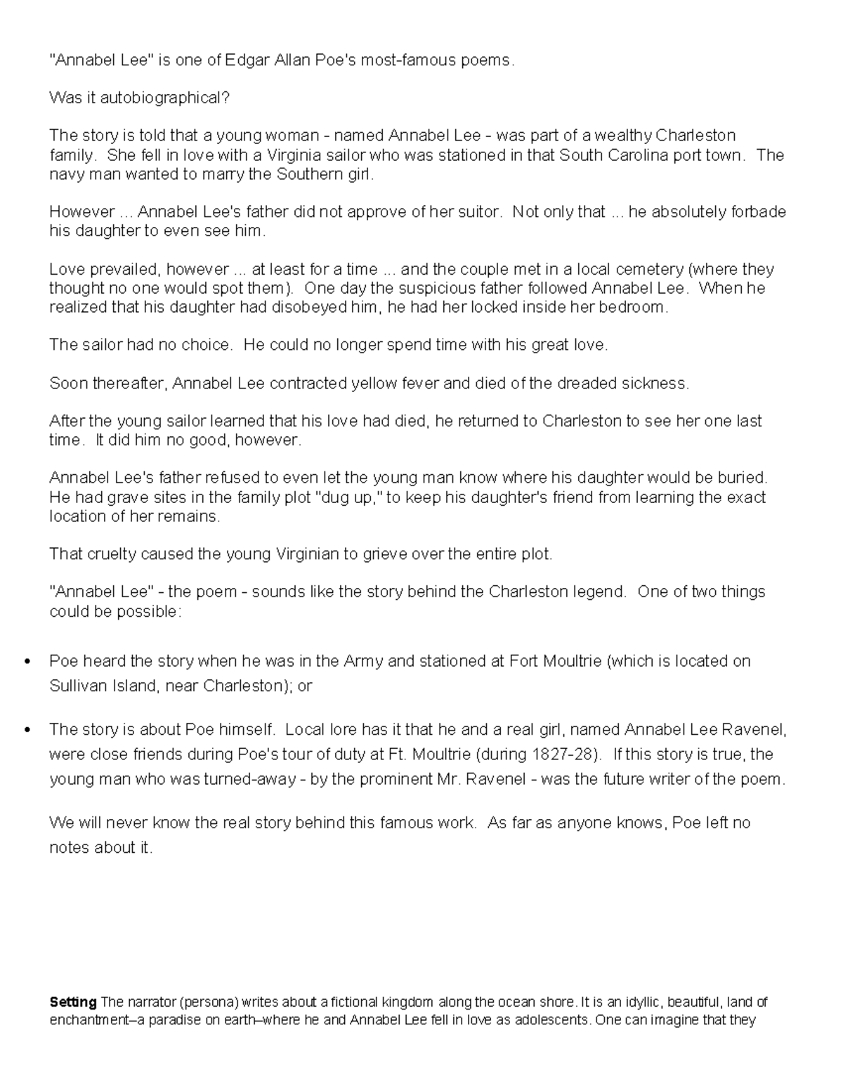 Annabel Lee breakdown - "Annabel Lee" is one of Edgar Allan Poe's most ...