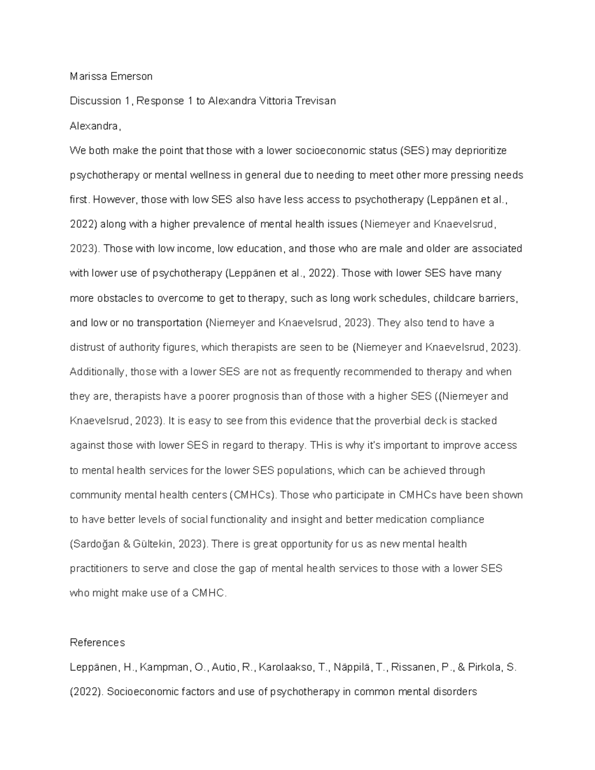 Discussion 1 Response 1 - Marissa Emerson Discussion 1, Response 1 to ...