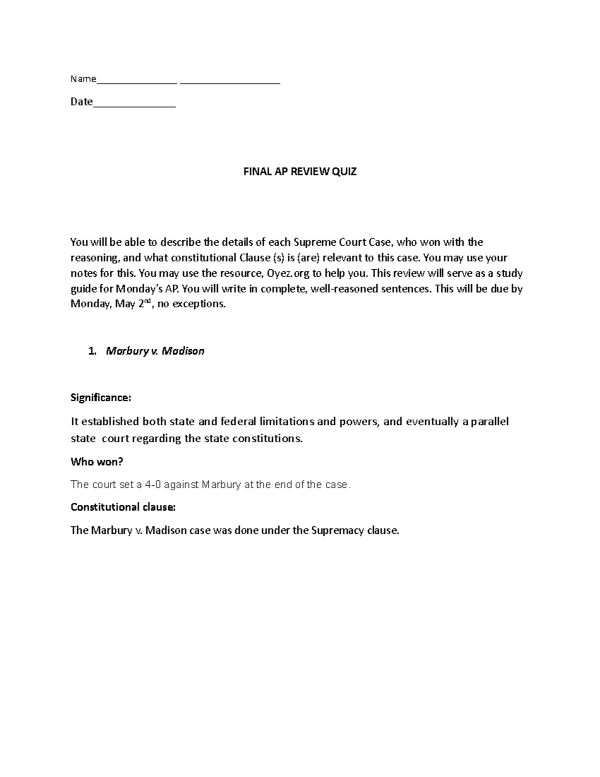 AP Supreme Court Review Quiz - Name ...