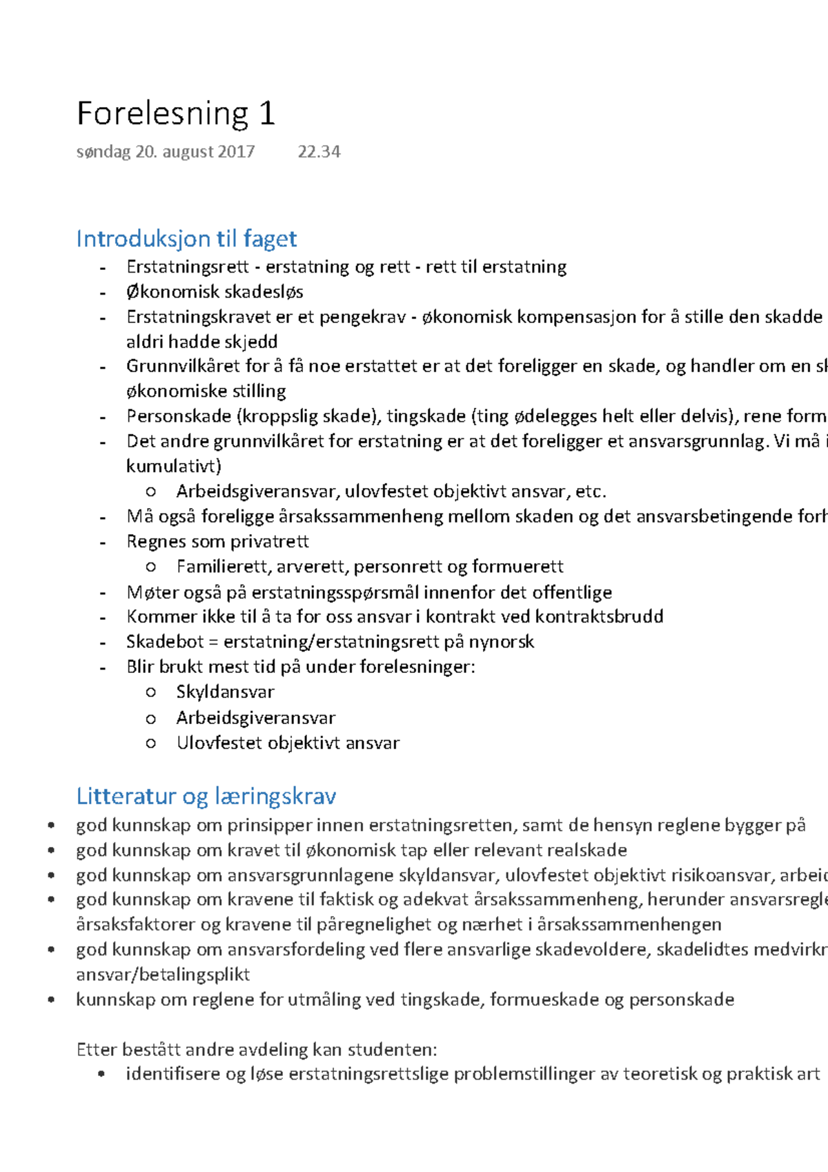 Forelesning 1 - ERSTATNINGSRETT - Warning: TT: undefined function: 32 Introduksjon til faget ...