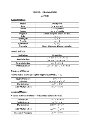 II. Matrices - MH1200 – LINEAR ALGEBRA I MATRICES Types of Matrices ...